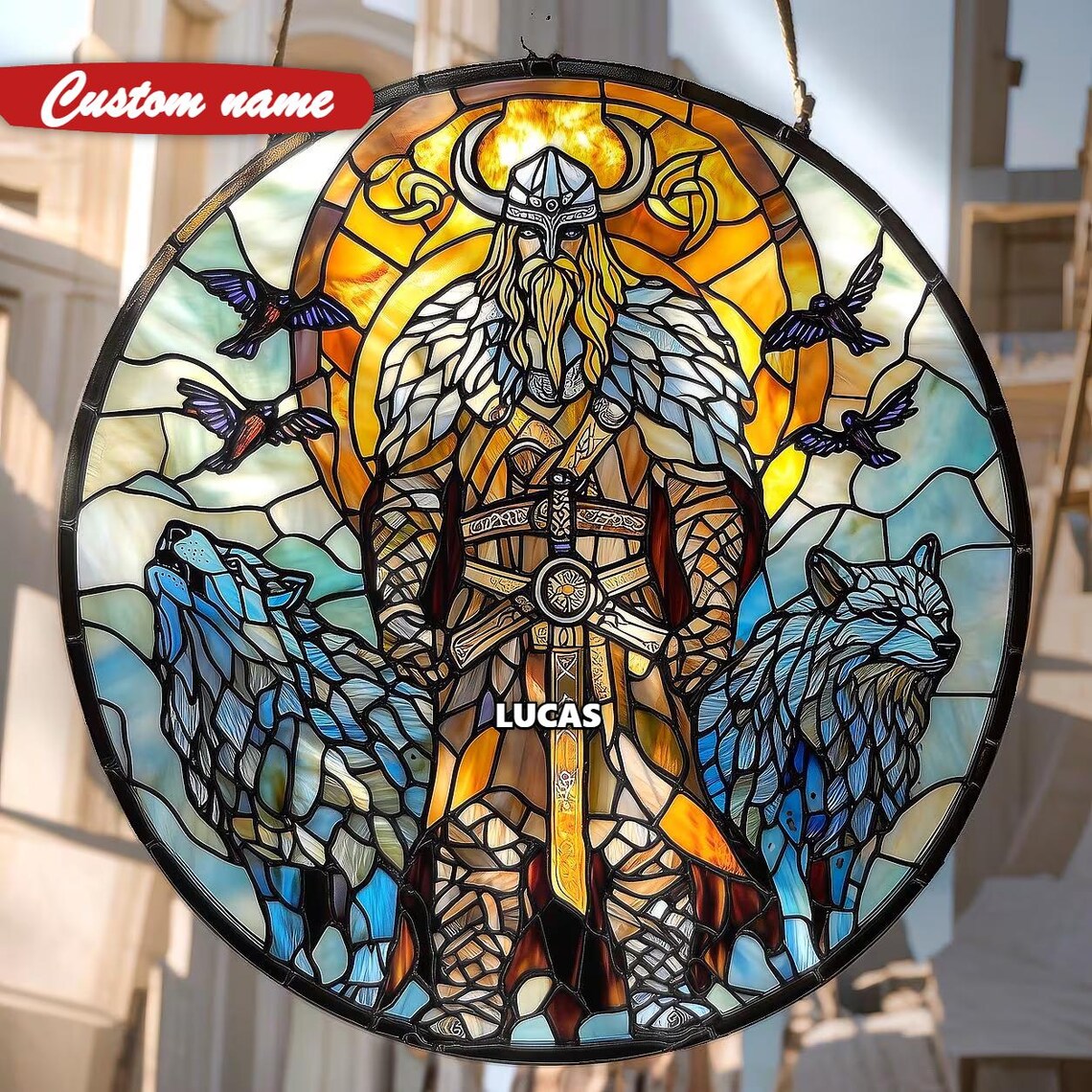 Viking Norse Odin Glass Suncatcher Faux Stained Glass Window Ornament ...