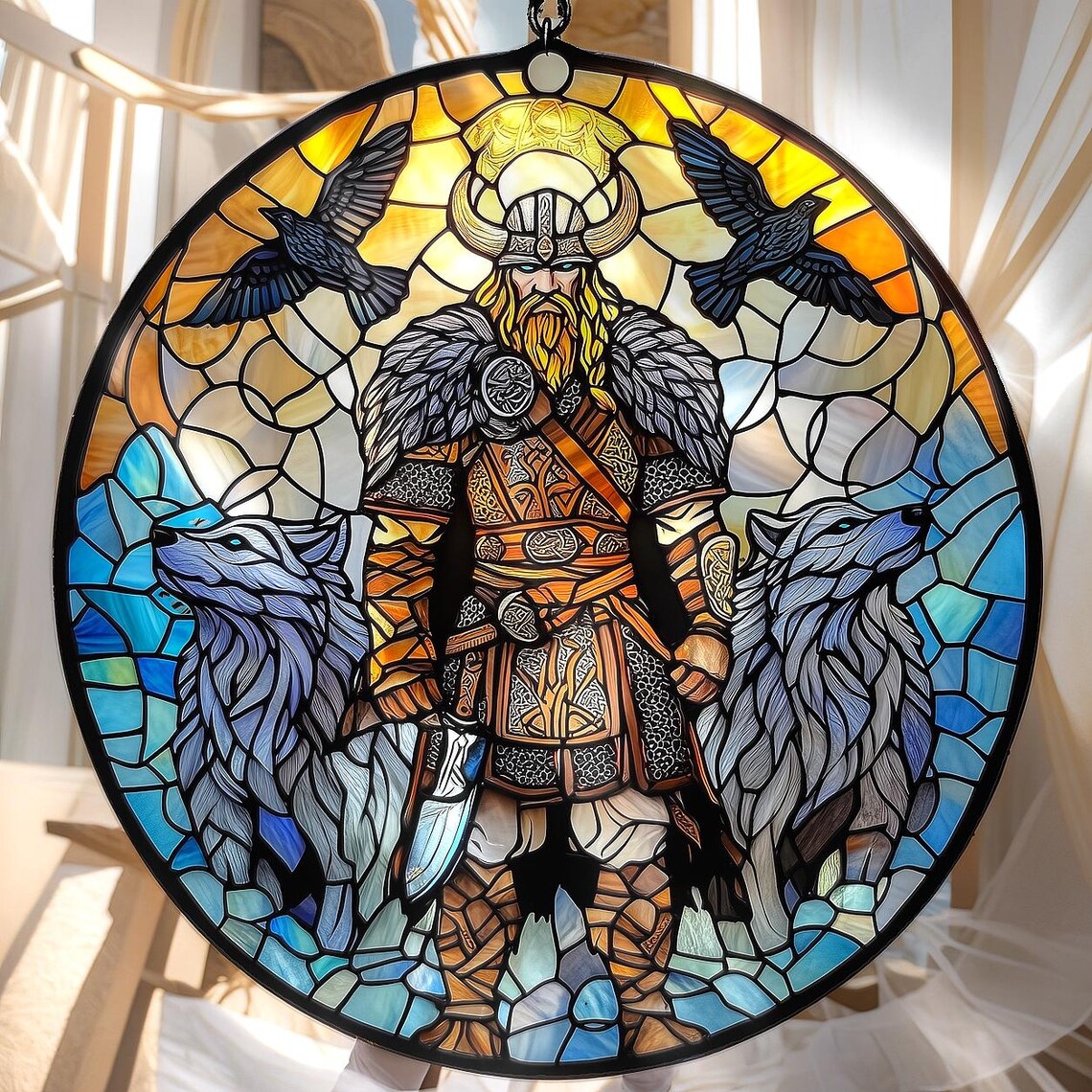 Viking Norse Odin Glass Suncatcher Faux Stained Glass Window Ornament ...