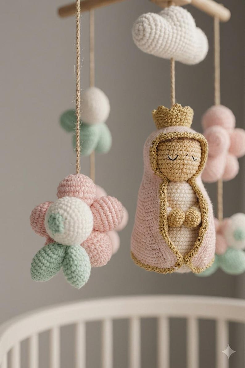 Crochet Virgin Mary Mobile, Pastel Flowers, Clouds, Handmade Nursery ...