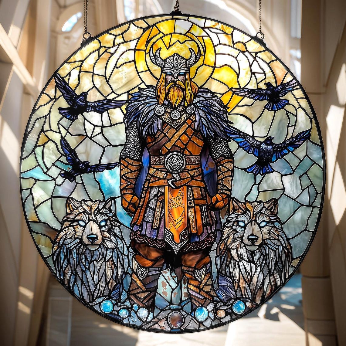 Viking Norse Odin Glass Suncatcher Faux Stained Glass Window Ornament ...