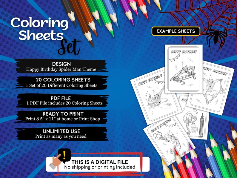 Spiderman Birthday Coloring Pages, Printable Activity Sheets (digital ...