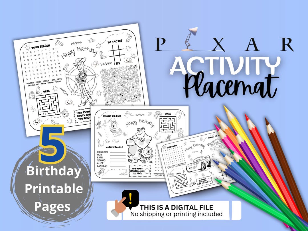 Pixar Activity Placemant/printable Birthday Games/childrens Coloring ...