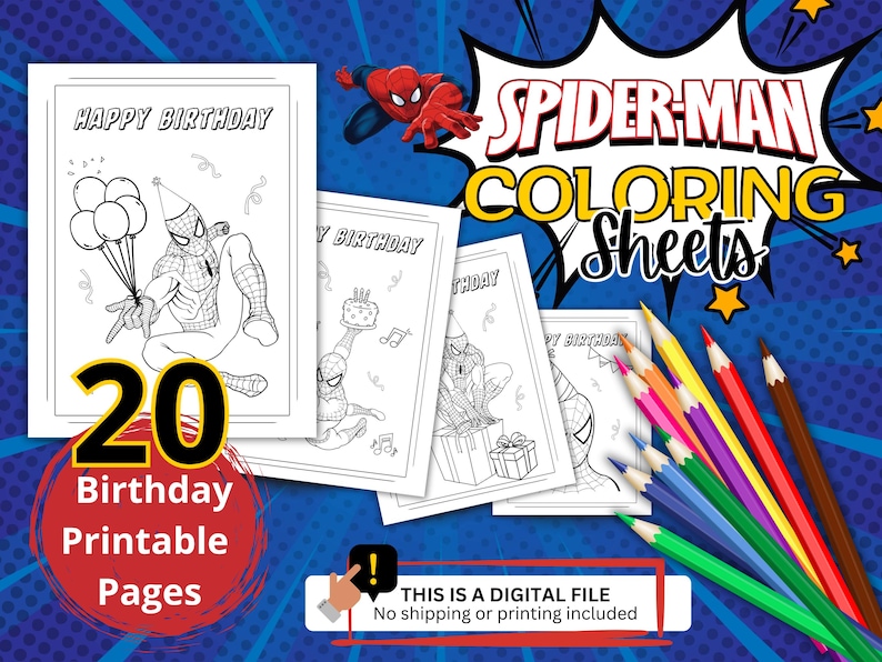 Spiderman Birthday Coloring Pages, Printable Activity Sheets (digital ...