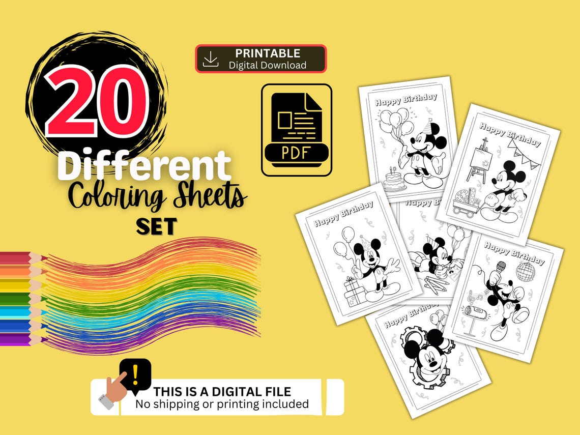 Mickey Mouse Coloring Pages: Party Activity, Printable PDF (digital ...