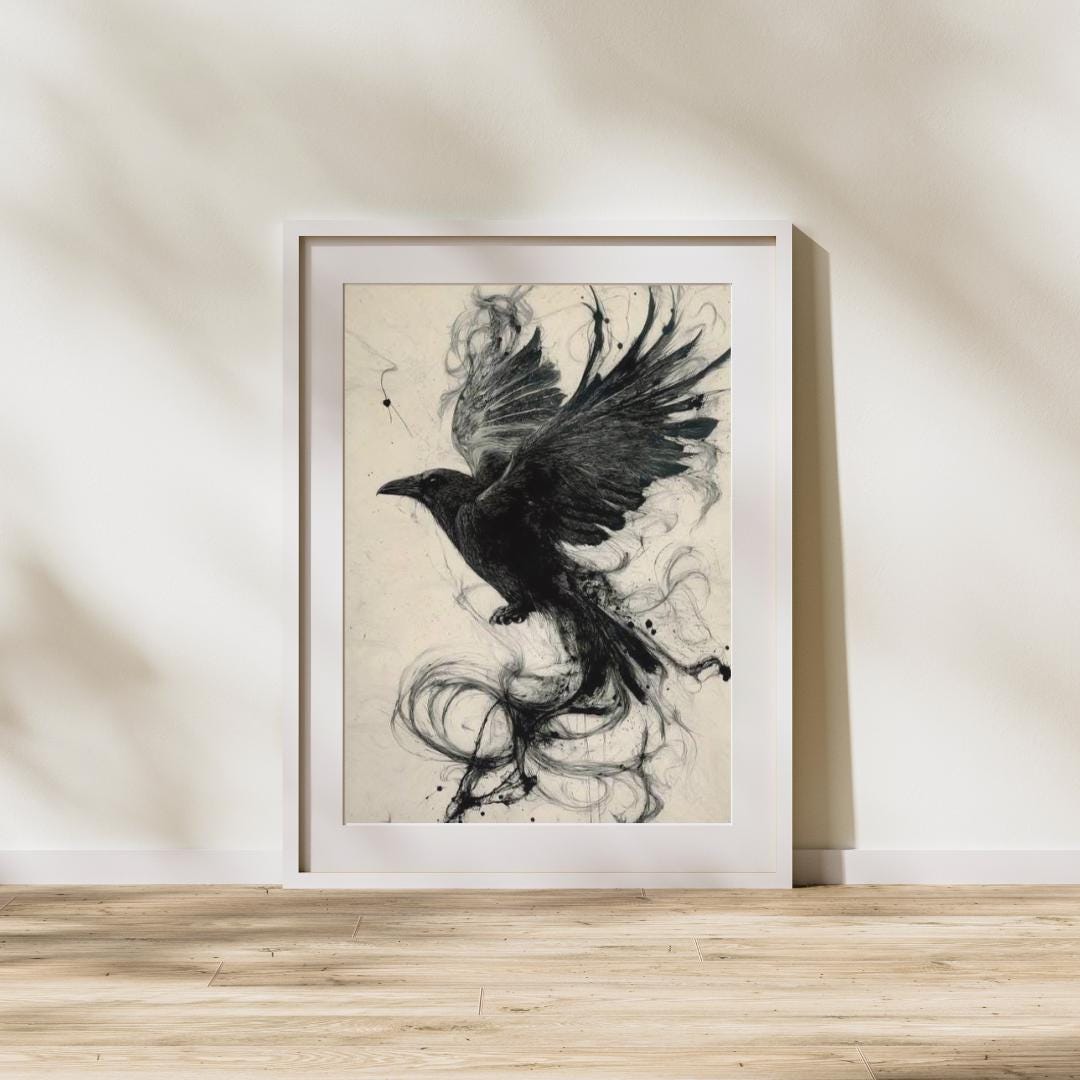 Minimalist Raven Line Art Print: Abstract Gothic Crow Poster (digital ...