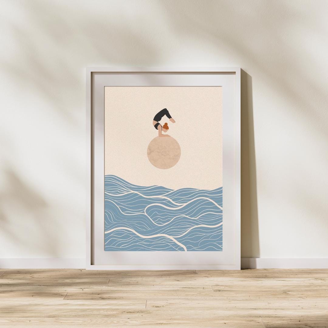 Minimalist Yoga Wall Art - Ocean Wave Poster - Modern Female Acrobat ...