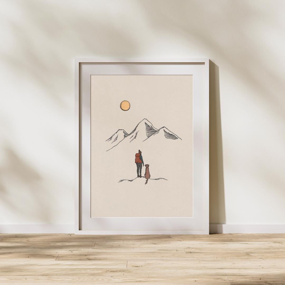 Mountain Hiking Poster: Dog & Hiker Landscape Art (digital or Physical ...