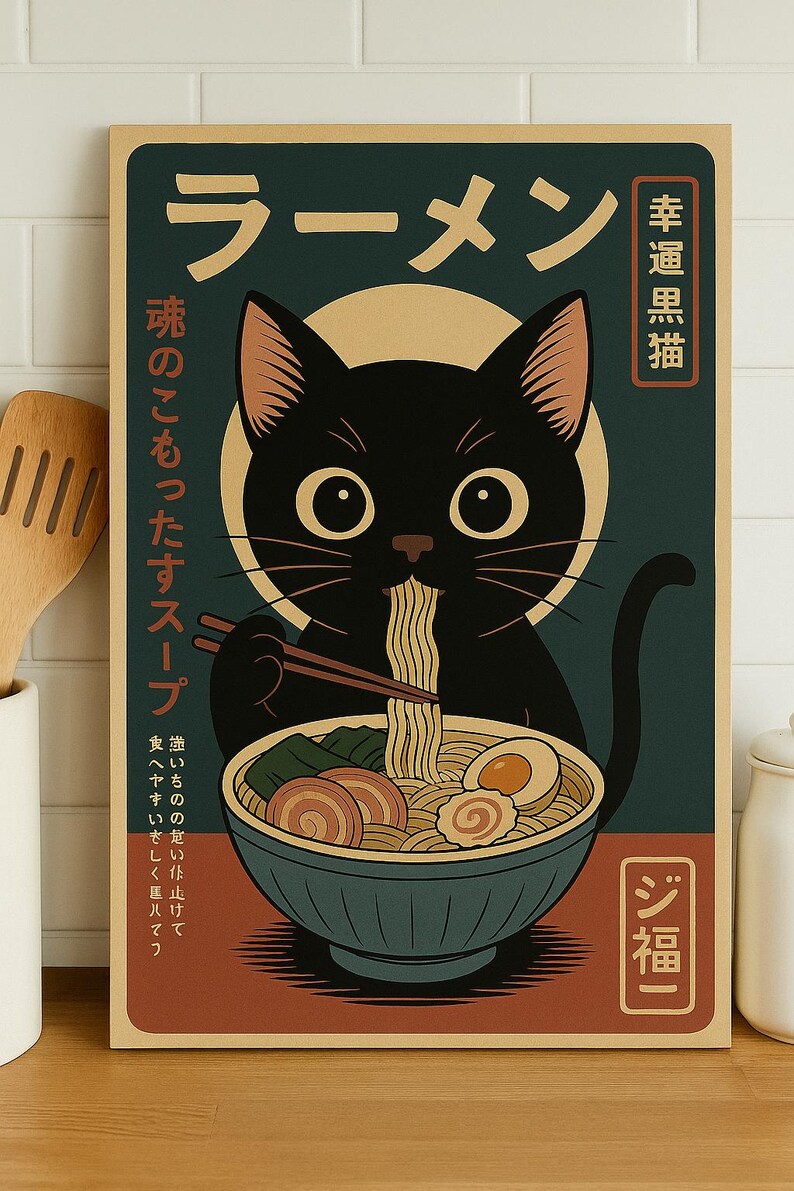 Lucky Black Cat Ramen Poster: Kawaii Japanese Retro Kitchen Art - Etsy