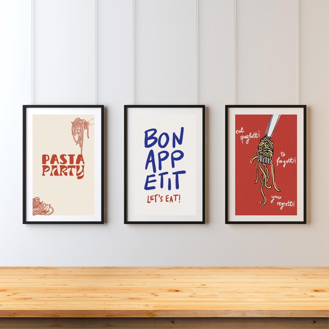 Pasta Kitchen Art Prints - Funny Bon Appetit Set of 3 (physical Print ...