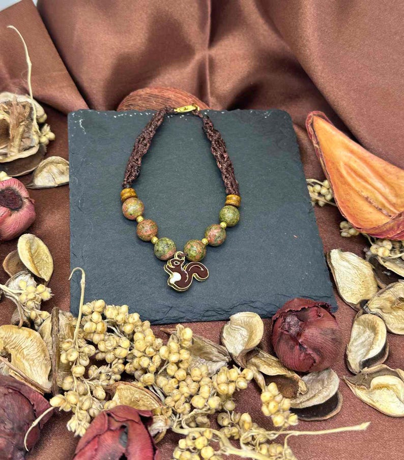 Handmade Macrame Bracelet With Natural Unakite Stone & Squirrel Charm ...