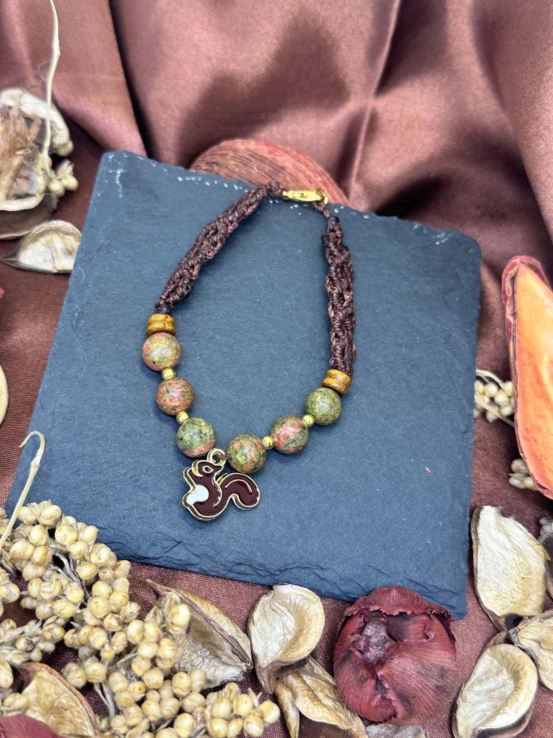 Handmade Macrame Bracelet With Natural Unakite Stone & Squirrel Charm ...