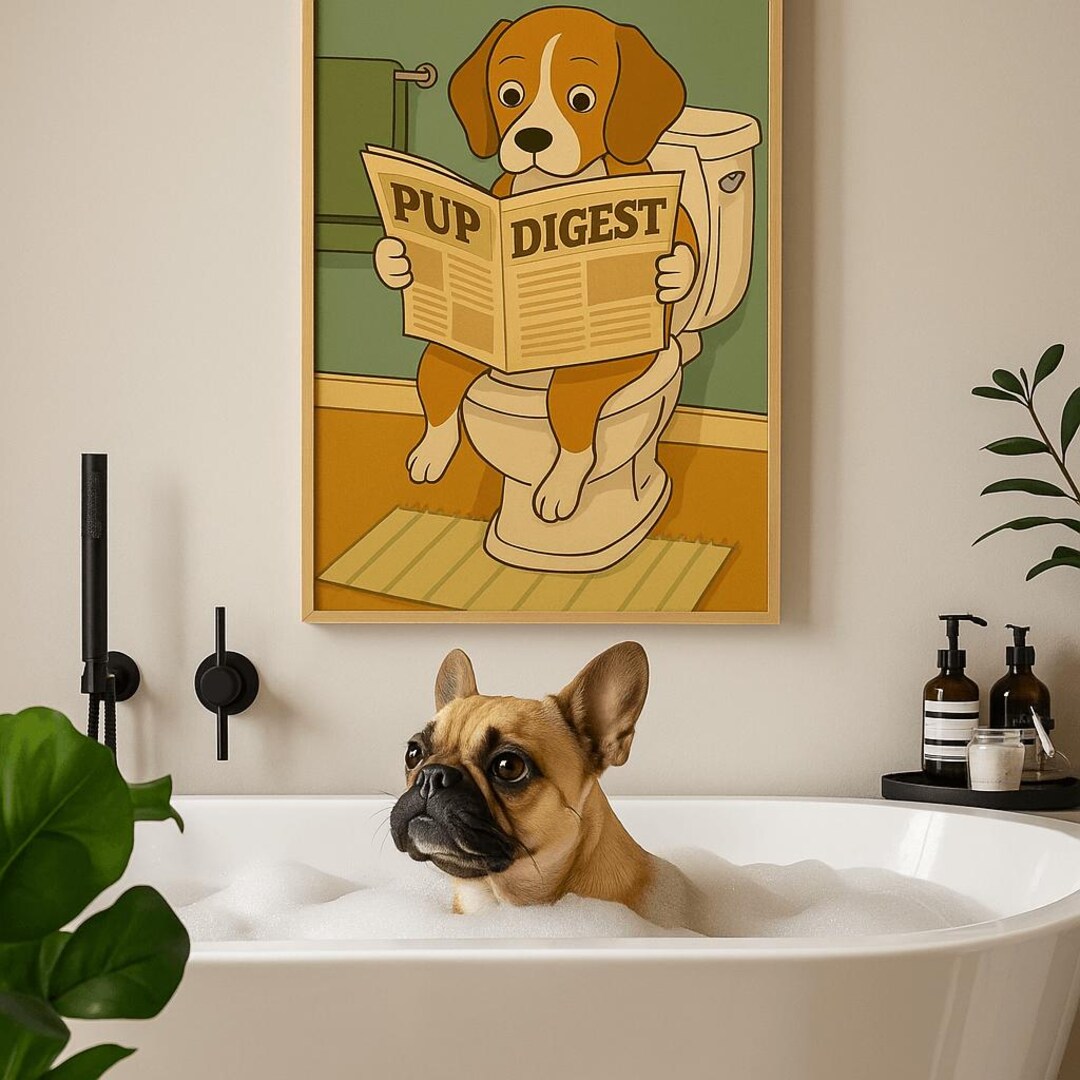 Funny Dog Portrait Printable – Dog Reading Newspaper on Toilet, Pet ...