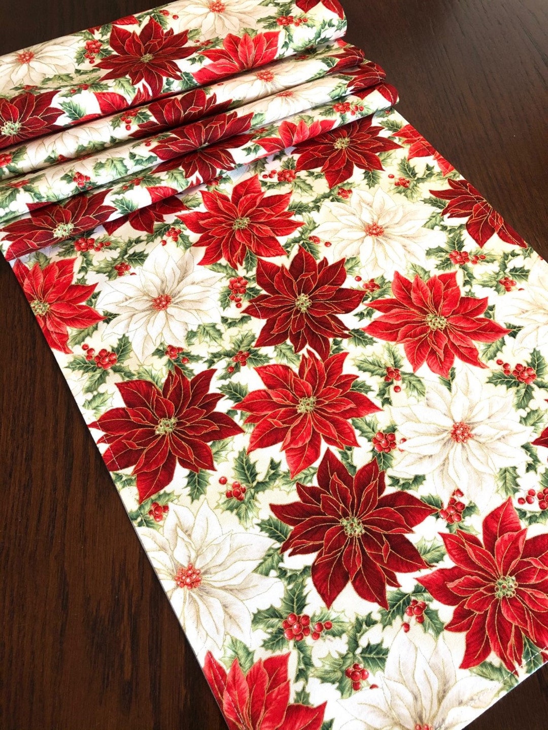Christmas Table Runner, Red Cream and Gold Metallic Holiday Table ...
