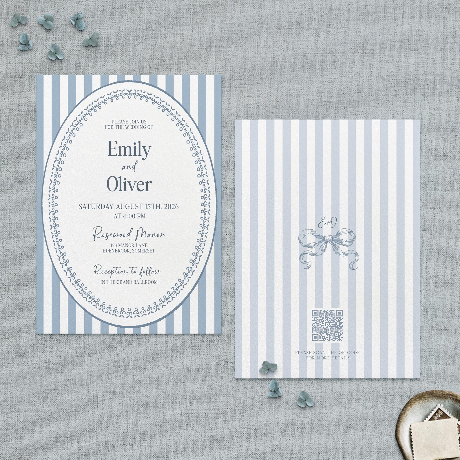 Blue Striped Elegant Wedding Invitation, Classic Oval Frame Wedding ...