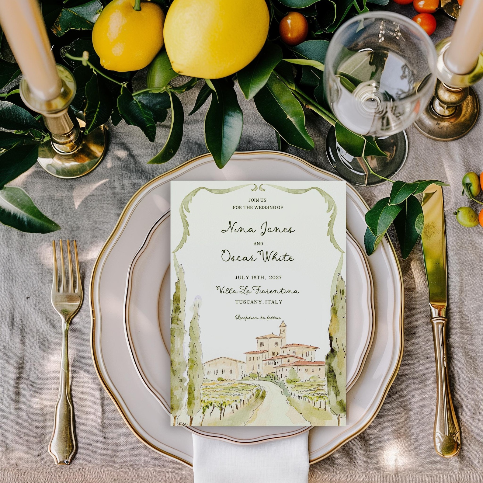 Tuscany Wedding Invitation Suite, Italian Villa Watercolor, Olive Lemon ...