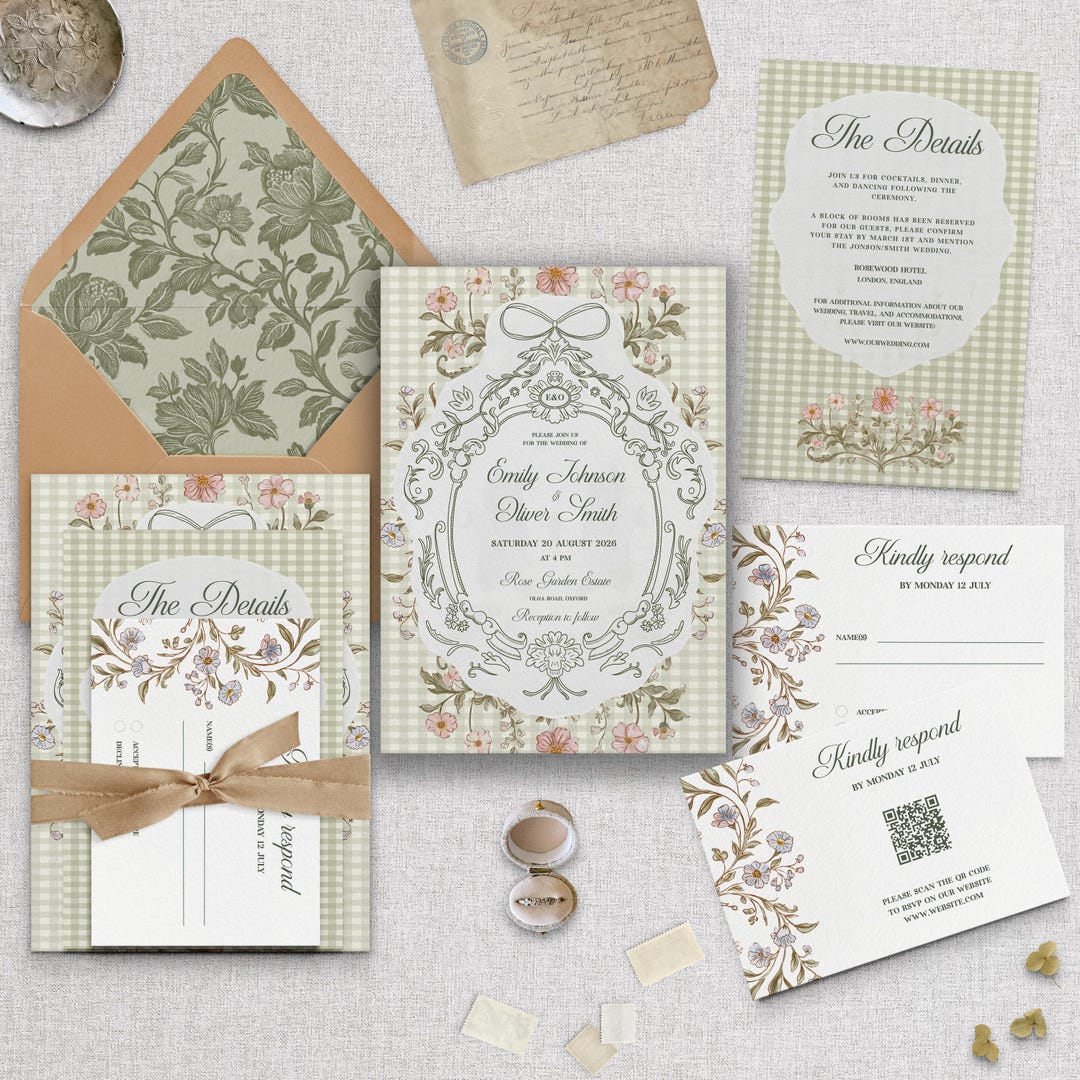 Botanical Wedding Invitation Suite, Rustic Canva Template Set, Green ...