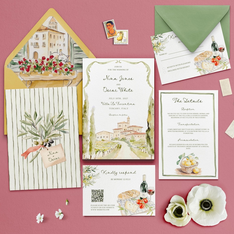 Tuscany Wedding Invitation Suite, Italian Villa Watercolor, Olive Lemon ...