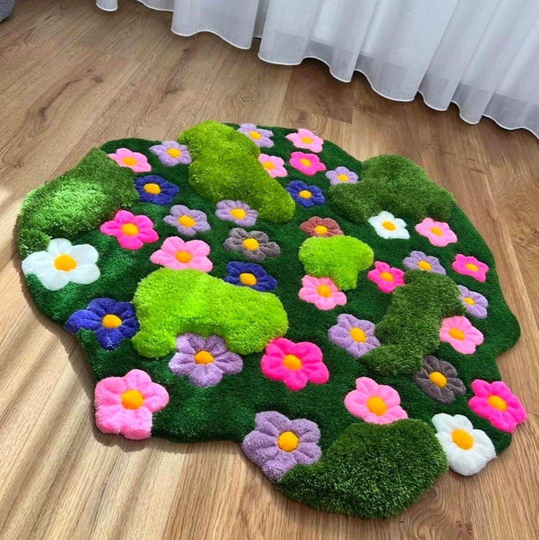 Moss Rug Round Flower Rug for Nursery, Meadow Area Rug, Kids Room Decor ...
