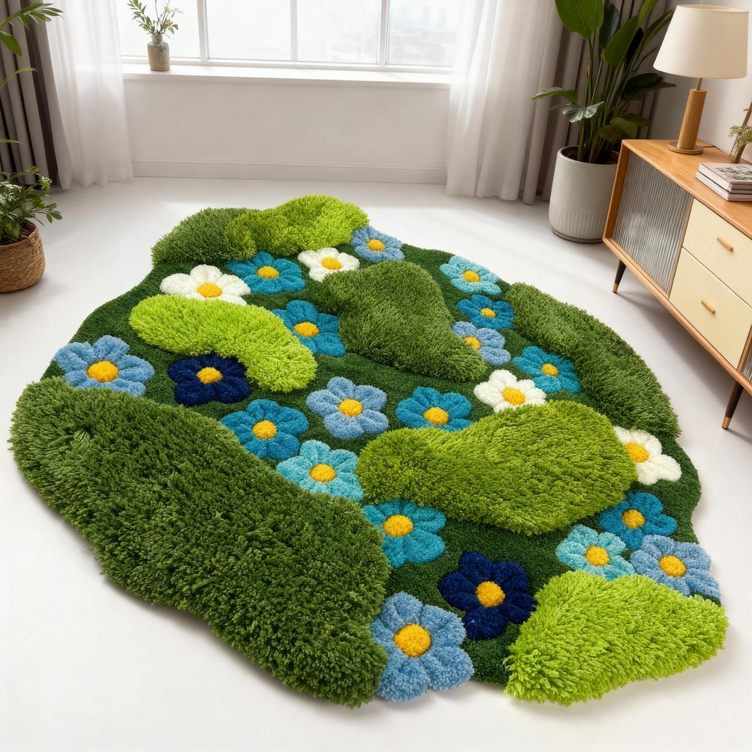 Green and Blue Tufted Moss Rug | 3D Daisy Rug | Handcrafted Floral ...