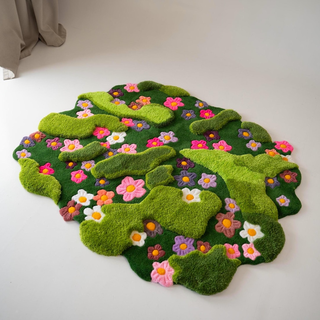 Handmade Flower Rug for Nursery – Custom Green Moss Carpet | Irregular ...