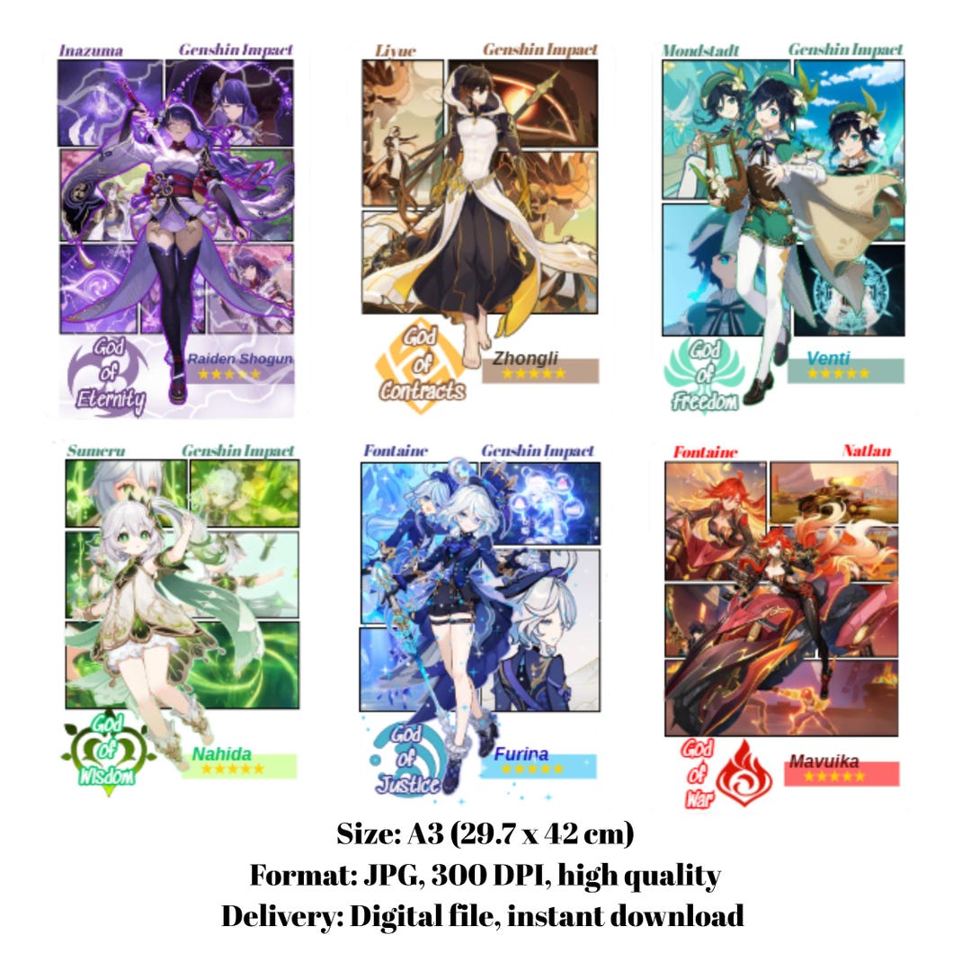 Genshin Impact Archons A3 Poster Set: Venti, Zhongli, Raiden(digital ...