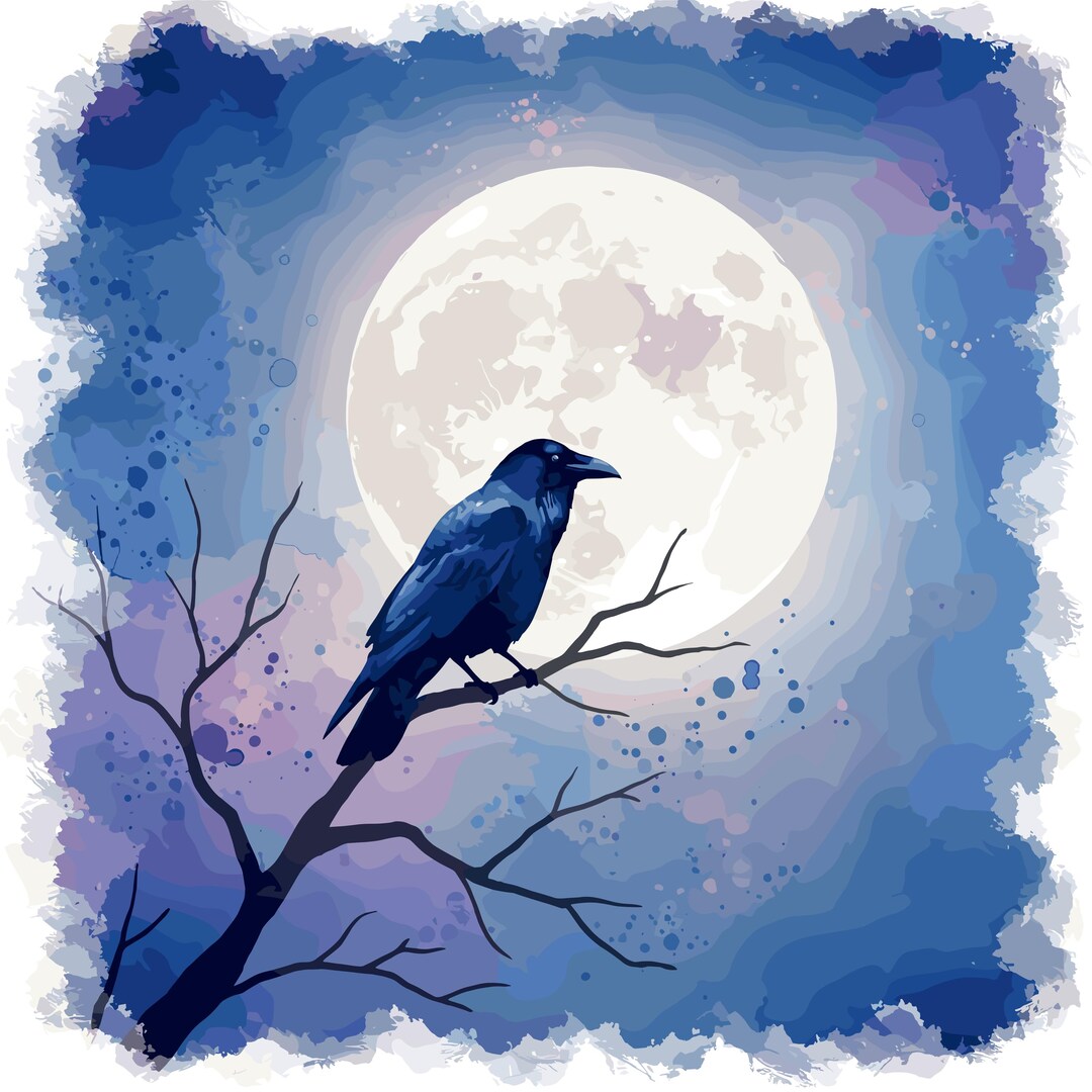 Moonlit Crow Digital Design | Raven With Full Moon Clipart | Png Svg ...
