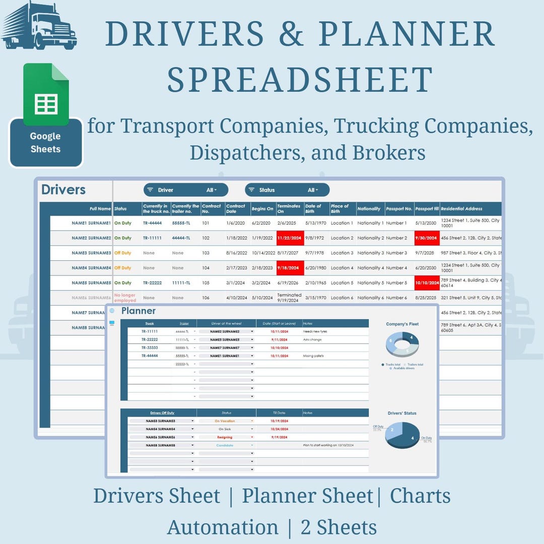 Drivers and Planner Google Sheet for Trucking, Transport Companies ...
