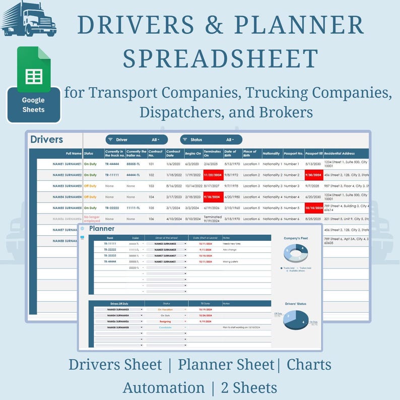 Trucking Google Sheet: Driver & Dispatch Planner (digital Download) - Etsy
