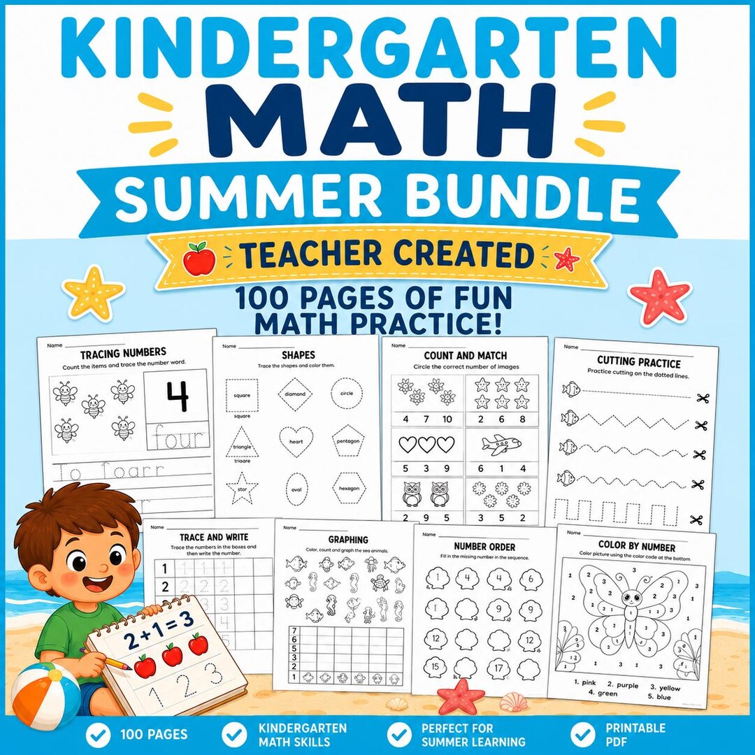 Kindergarten Summer Math Bundle | 100 Worksheets (digital Download) - Etsy