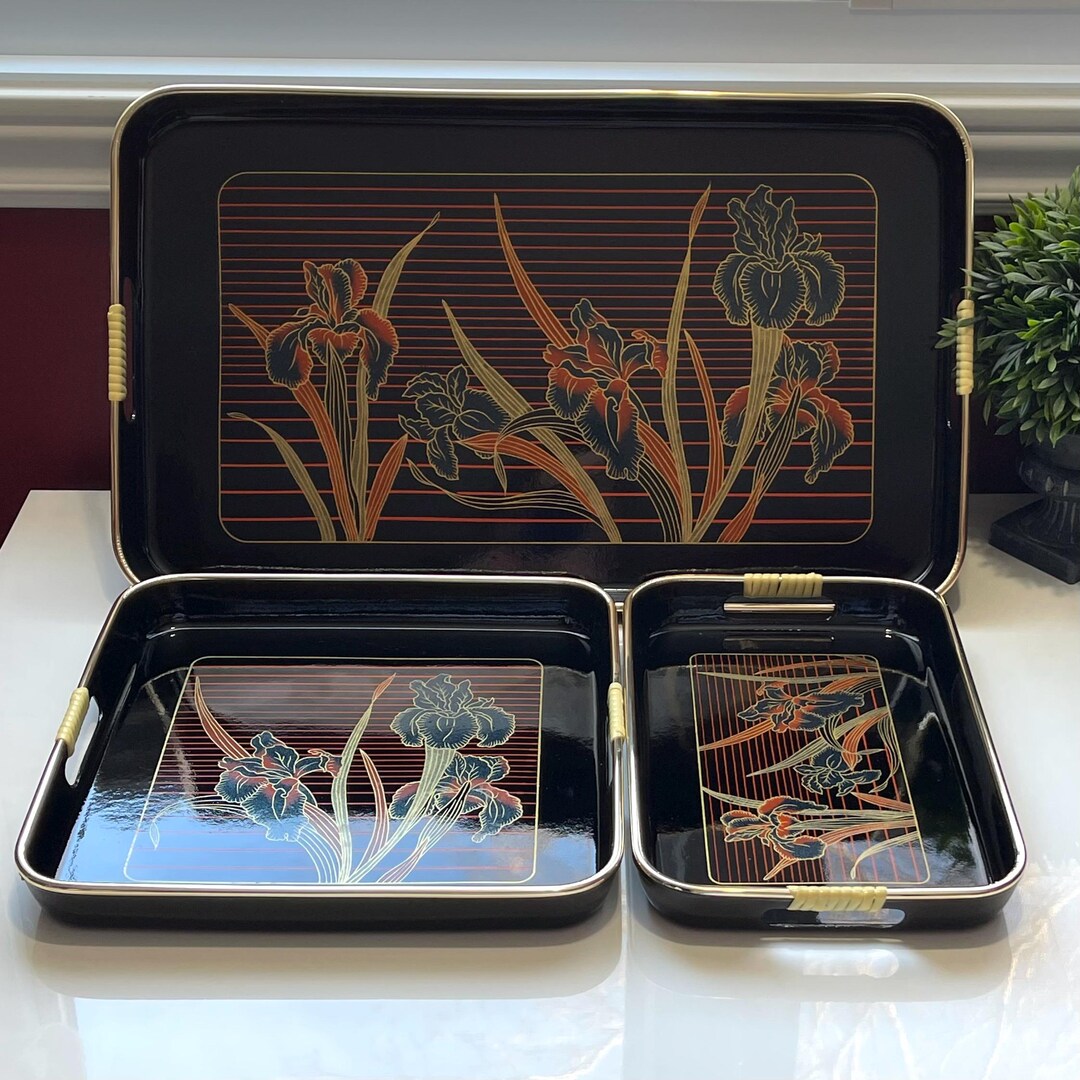 Vintage Japanese Lacquerware Trays, 1980s Floral Design, Set of 3 - Etsy