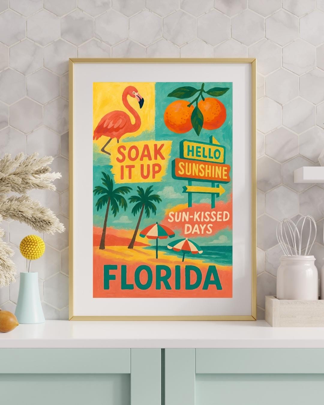 Florida Wall Art Printable – Retro Sunshine State Poster With Flamingo ...