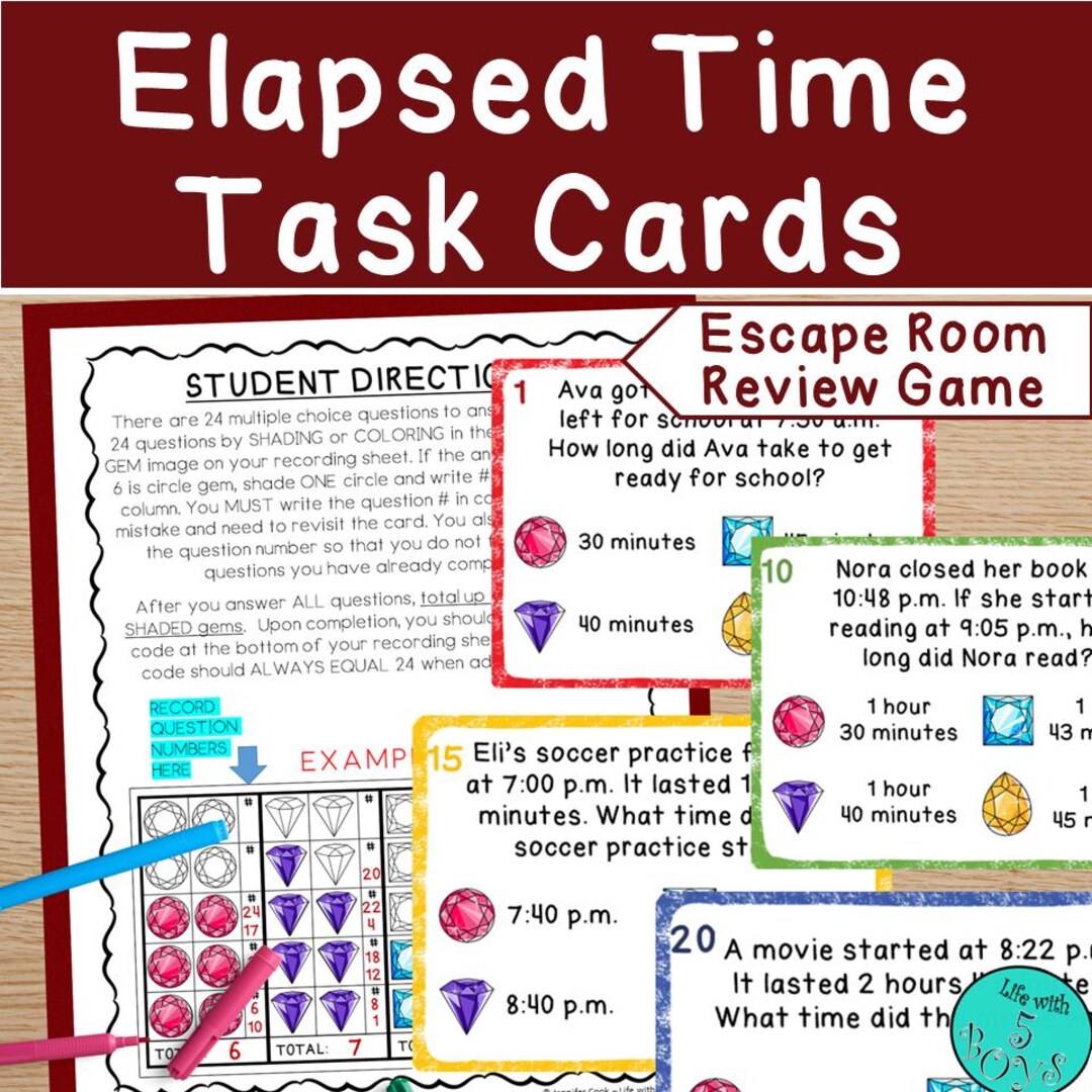 3rd Grade Math Escape Room Task Cards Review Game - Elapsed Time - Etsy