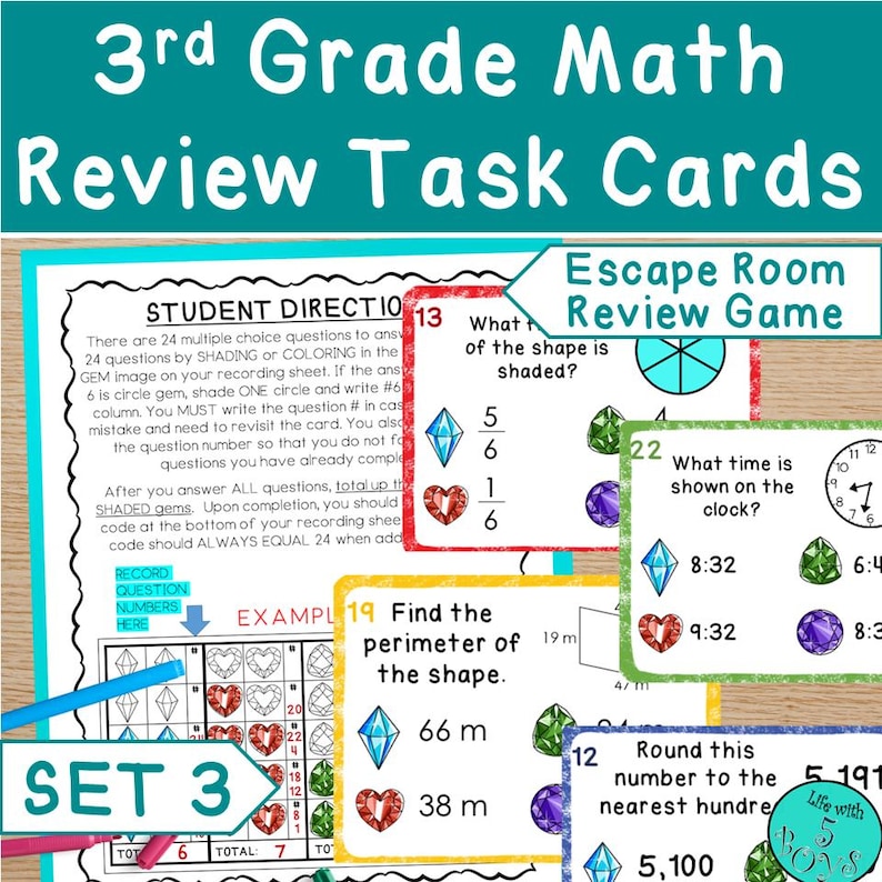 3rd Grade Math Skills Review Escape Room Task Cards Game - SET 3 - Etsy