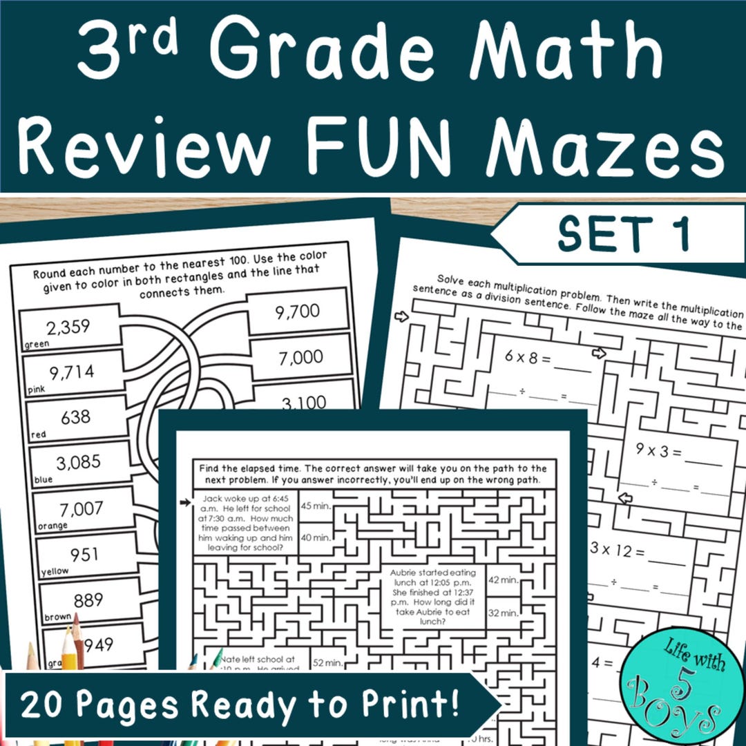 3rd Grade Math Maze Worksheets – Review Puzzle Set 1 (PDF Pattern) - Etsy