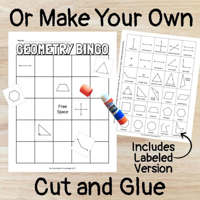 Geometry Bingo Math Game With Lines Angles and Shapes 30 Cards or Make ...