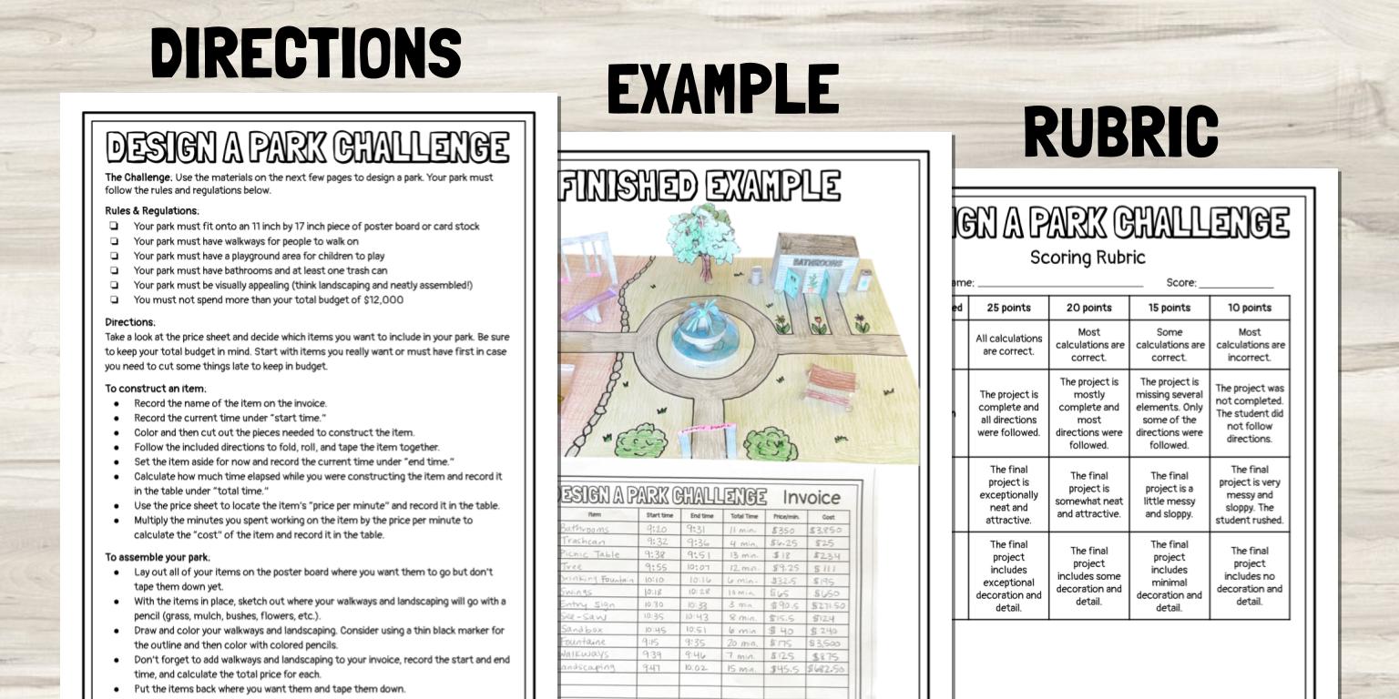5th Grade Math Design a Park by Multiplying Adding Subtracting Decimals ...