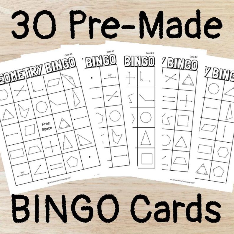 Geometry Bingo Math Game With Lines Angles and Shapes 30 Cards or Make ...