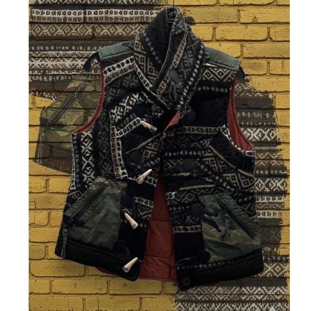 Vtgy2k Da-nang Military Vest Camo Back Fair Isle Wool Knit Toggle Front ...