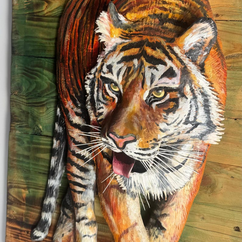 Majestic Tiger 3D Relief Painting | Large Prowling Tiger Sculpture ...