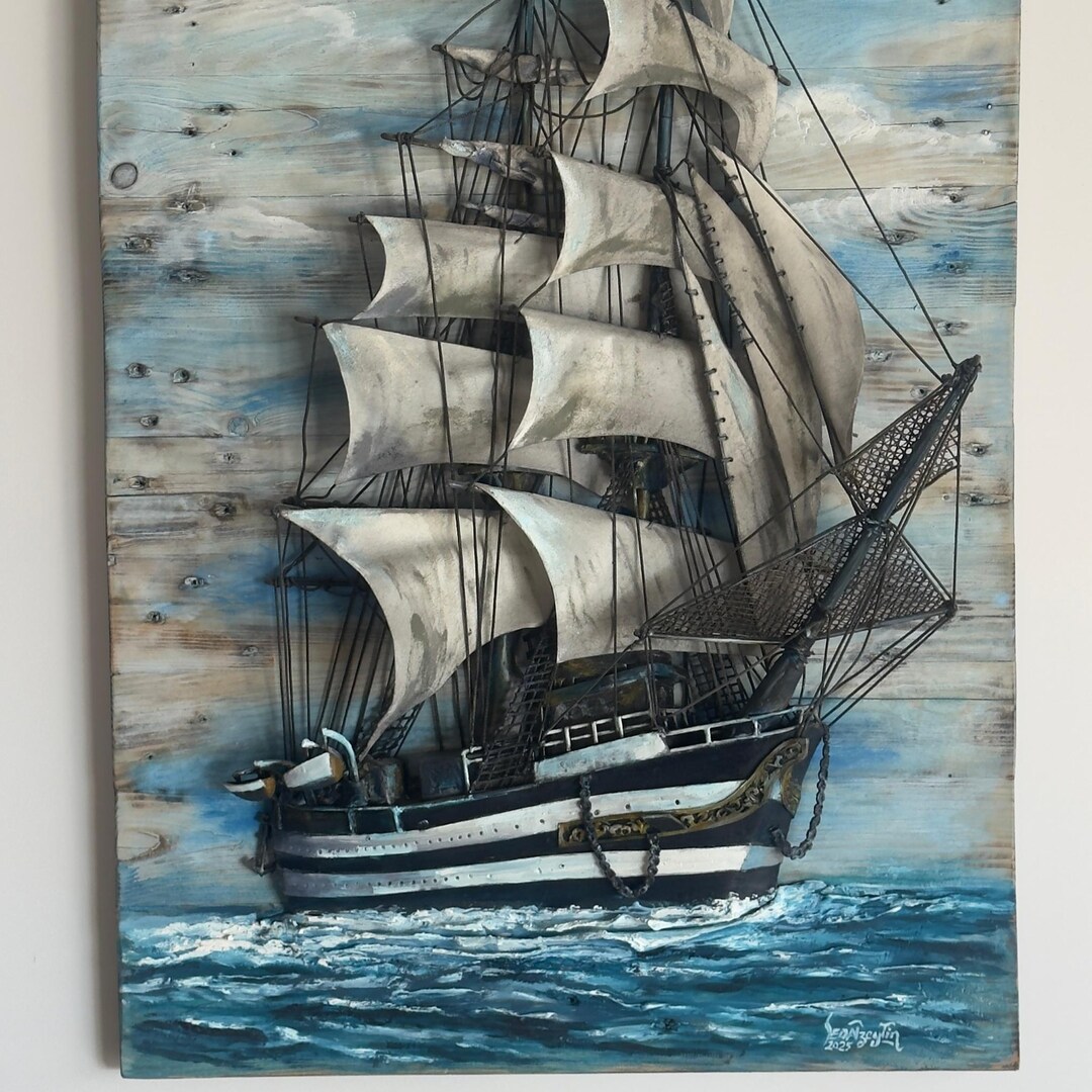 Handmade Ship Wall Sculpture | 3D Relief Painting | Distressed Wood Art ...