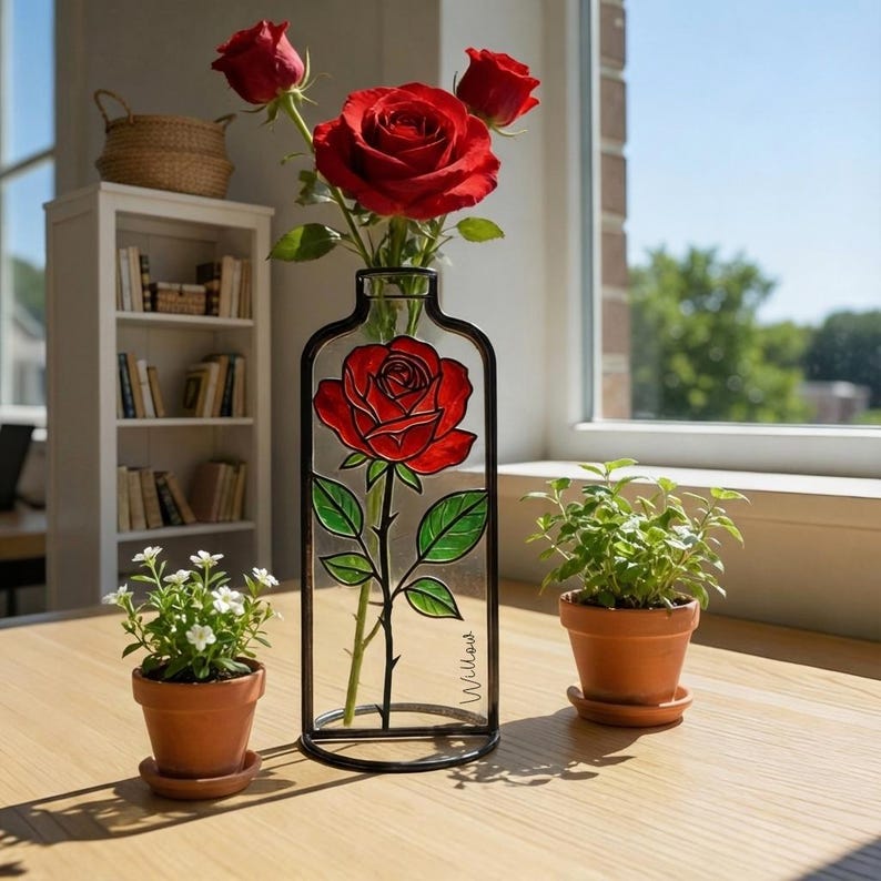 Custom Birth Flower Poppy Stained Glass Vase, Personalized Mother’s Day ...