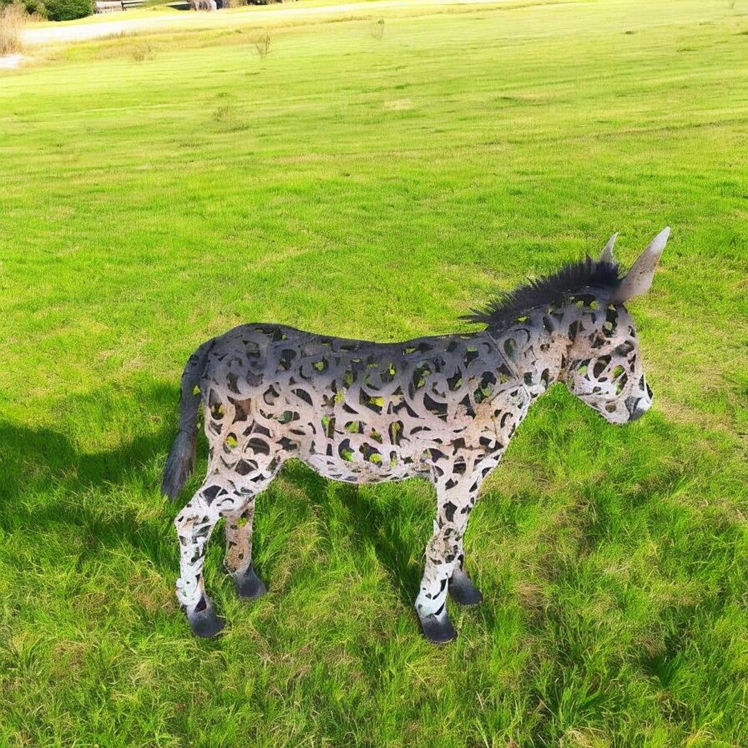 Cute Metal Donkey Statue - Filigree Style Large Art Sculpture 30” X 24 ...