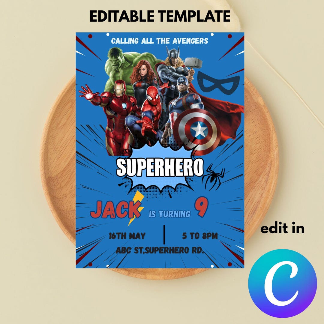 Editable Super Hero Birthday Party Invitation Template for Kids ( 5x7 ...