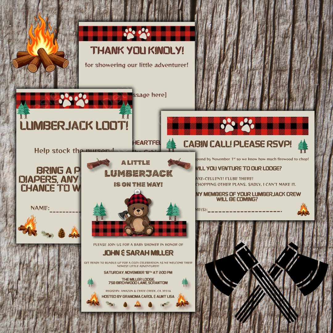 Editable Little Lumberjack Baby Shower Invitation Set | Cozy Flannel ...