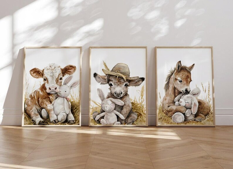 Farm Nursery Wall Art Set, Baby Cow Horse Donkey With Stuffed Bunnies ...