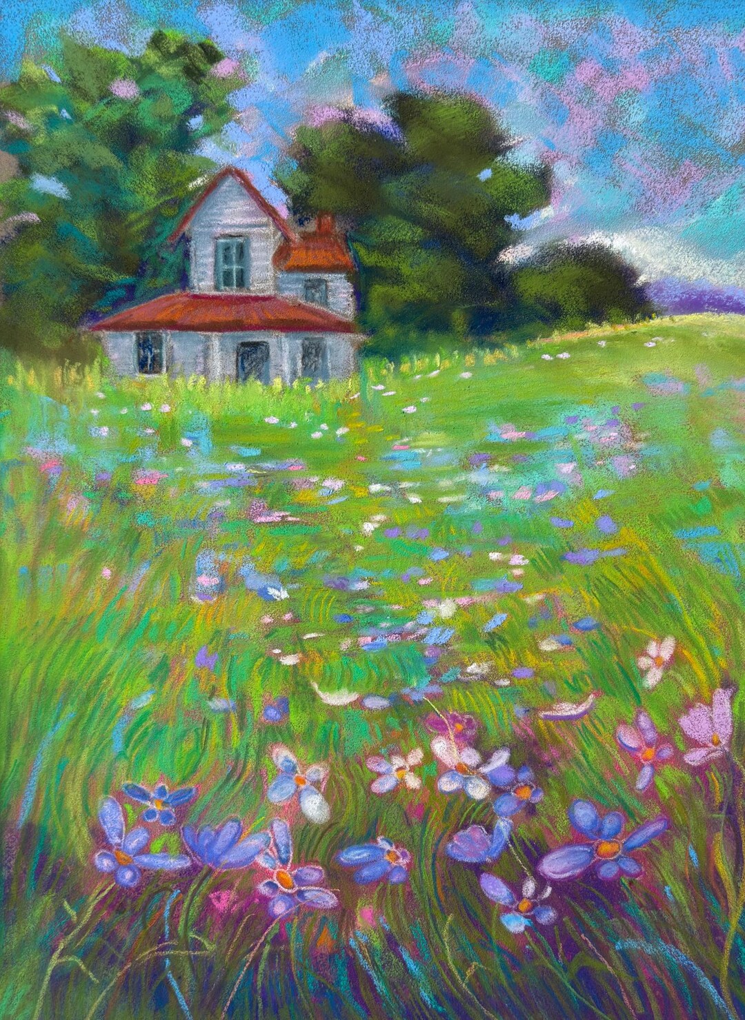 Simpson Farmhouse Art Landscape ORIGINAL Pastel Painting Meadow Daisies ...