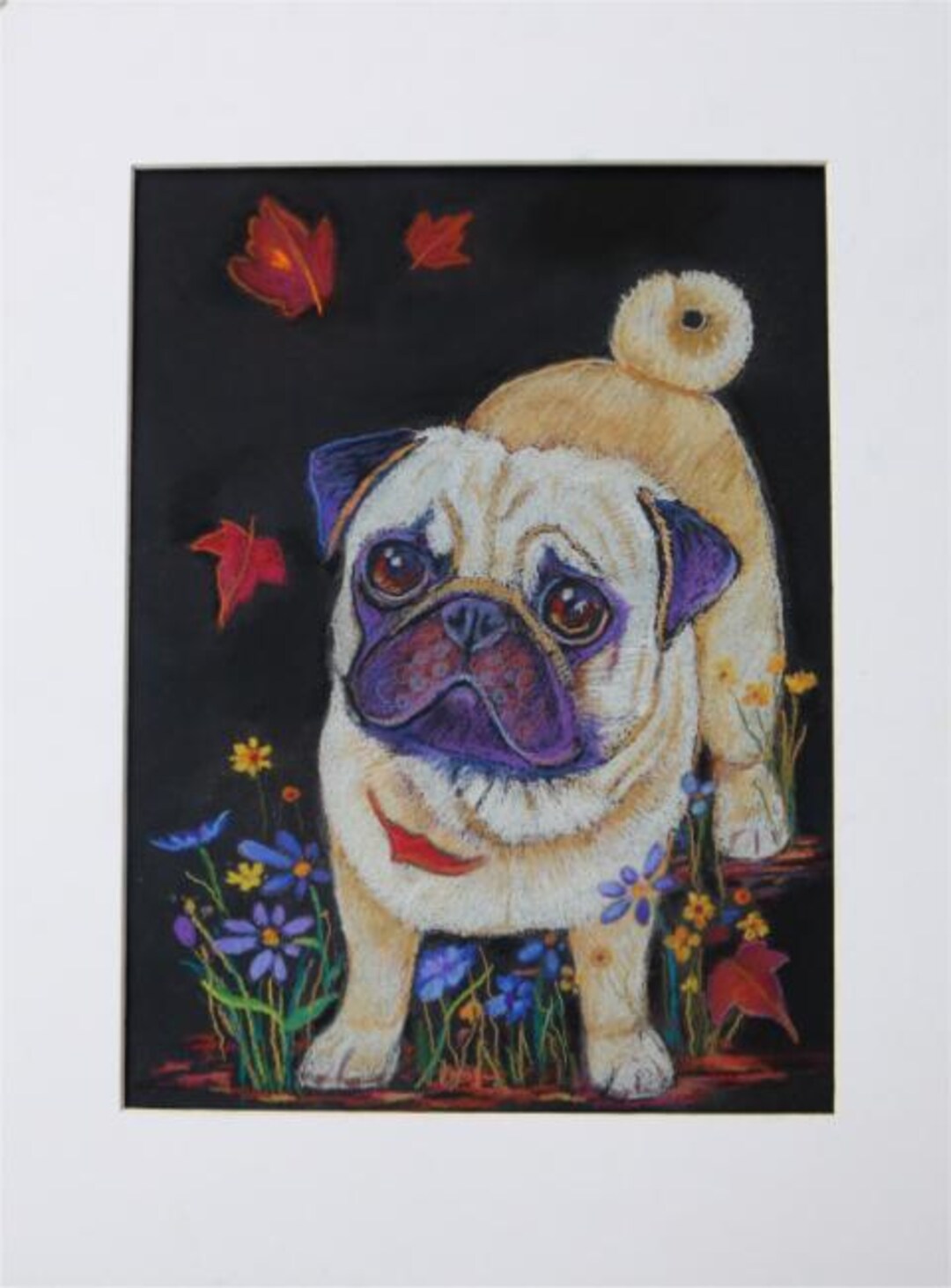 Pug Art Painting Art Dog Autumn Wildflowers Original Pastel Painting ...