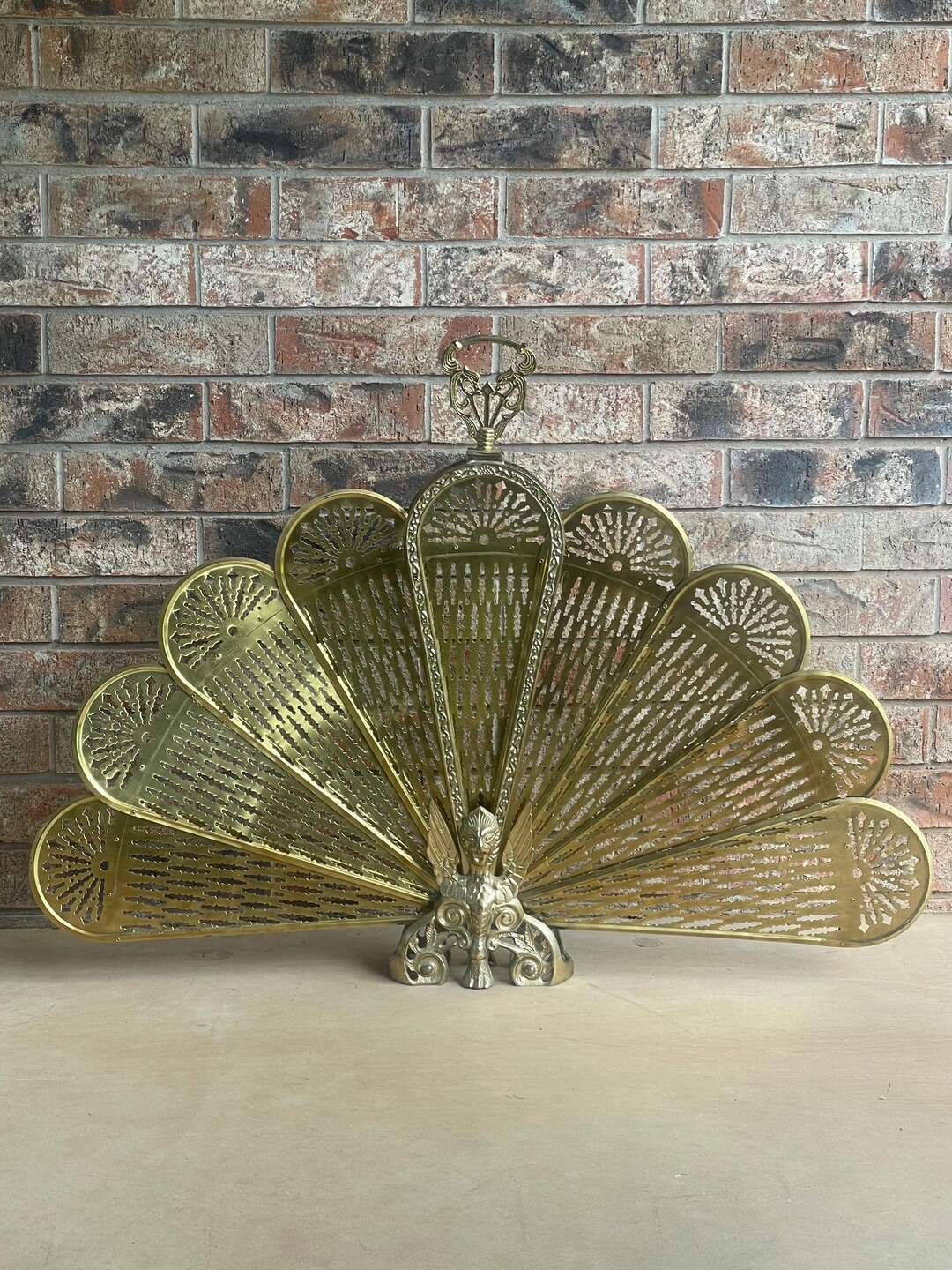 Antique Brass Griffin Gargoyle Folding “peacock Fan” Fireplace Screen ...