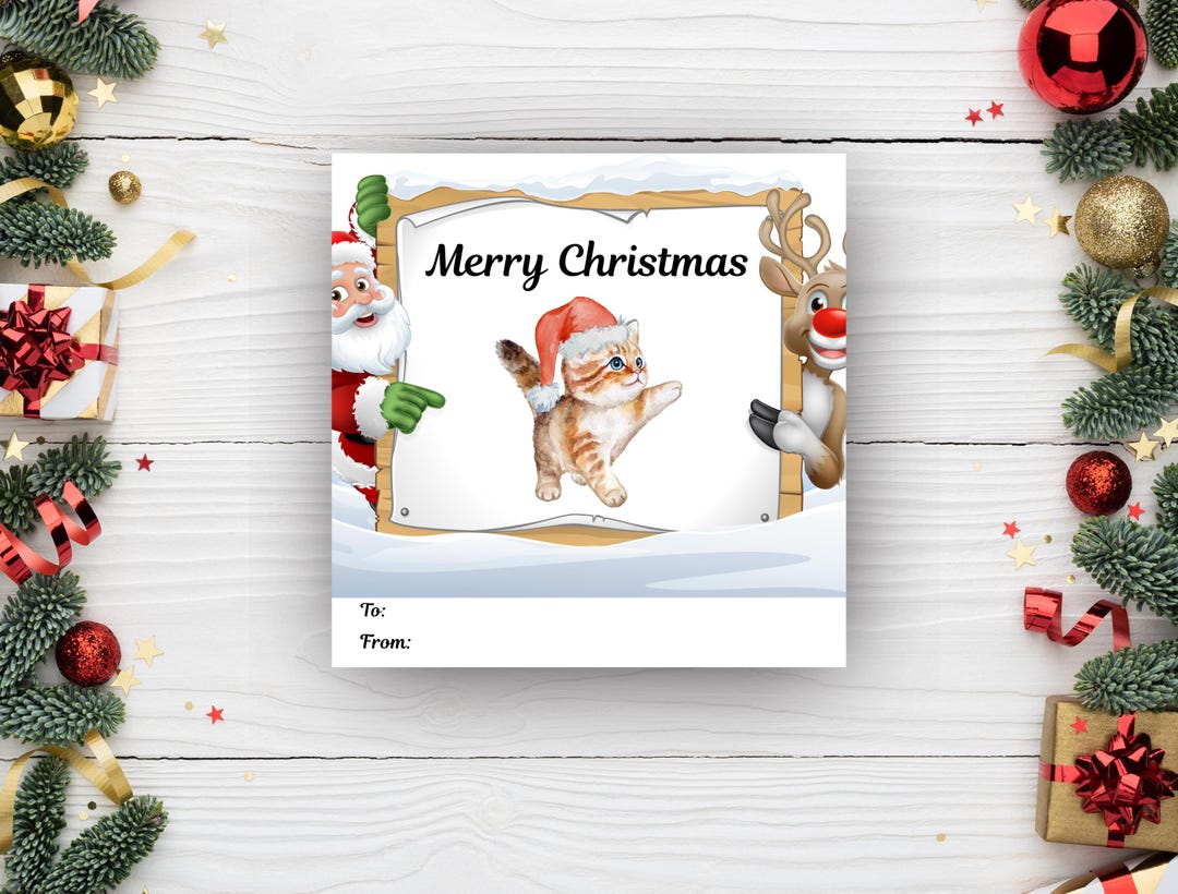 Printable Merry Christmas Cat Gift Tags | Holiday Favor (digital ...
