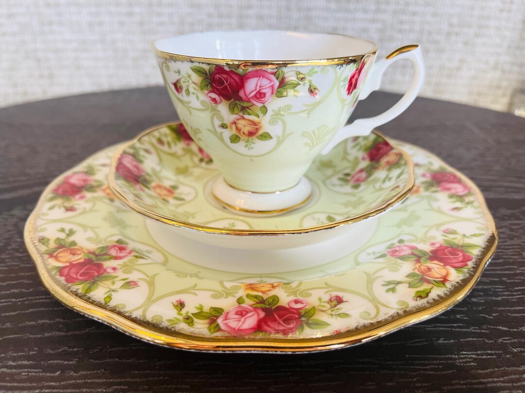 Royal Albert Rose Cameo Green Bone China Tea Cup, Saucer and Dessert ...
